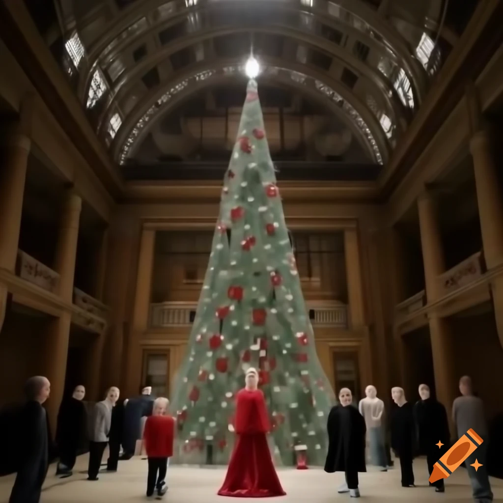 Baroque style hall with decorated Christmas tree and people celebrating ...