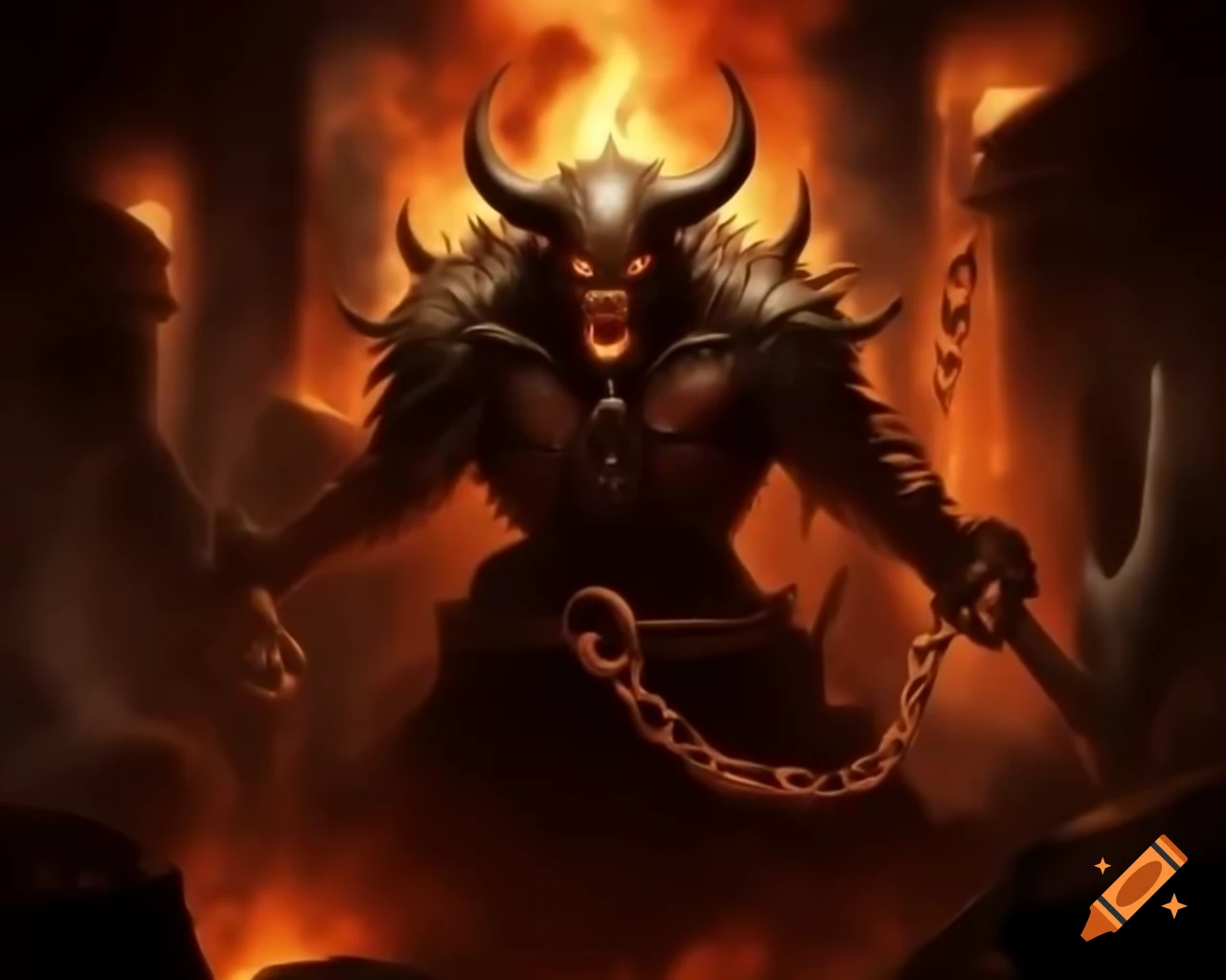 Fiery weapons and glowing chains in an infernal armory with a ...