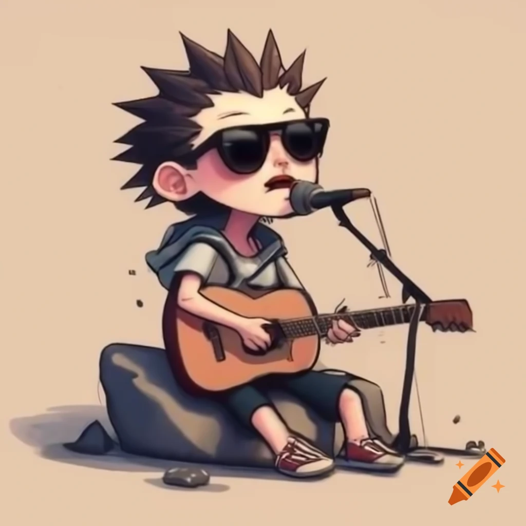 Cartoonish guy with spiked hair sitting on rock playing guitar and ...