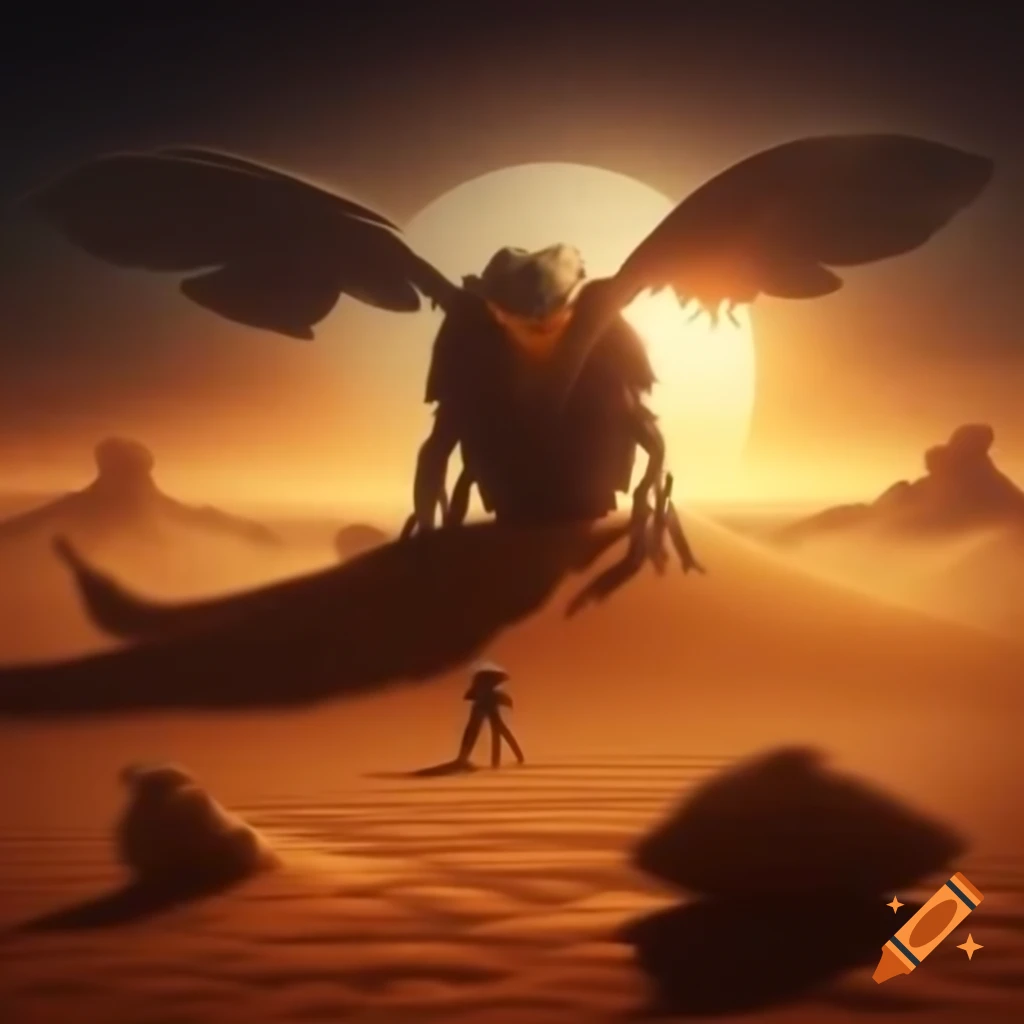 Scorching desert landscape with orange sand and colossal stone mesa on ...