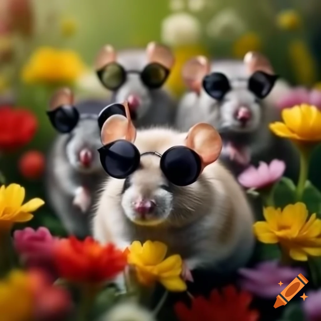 Four blind mice wearing black sunglasses in a flower garden on Craiyon