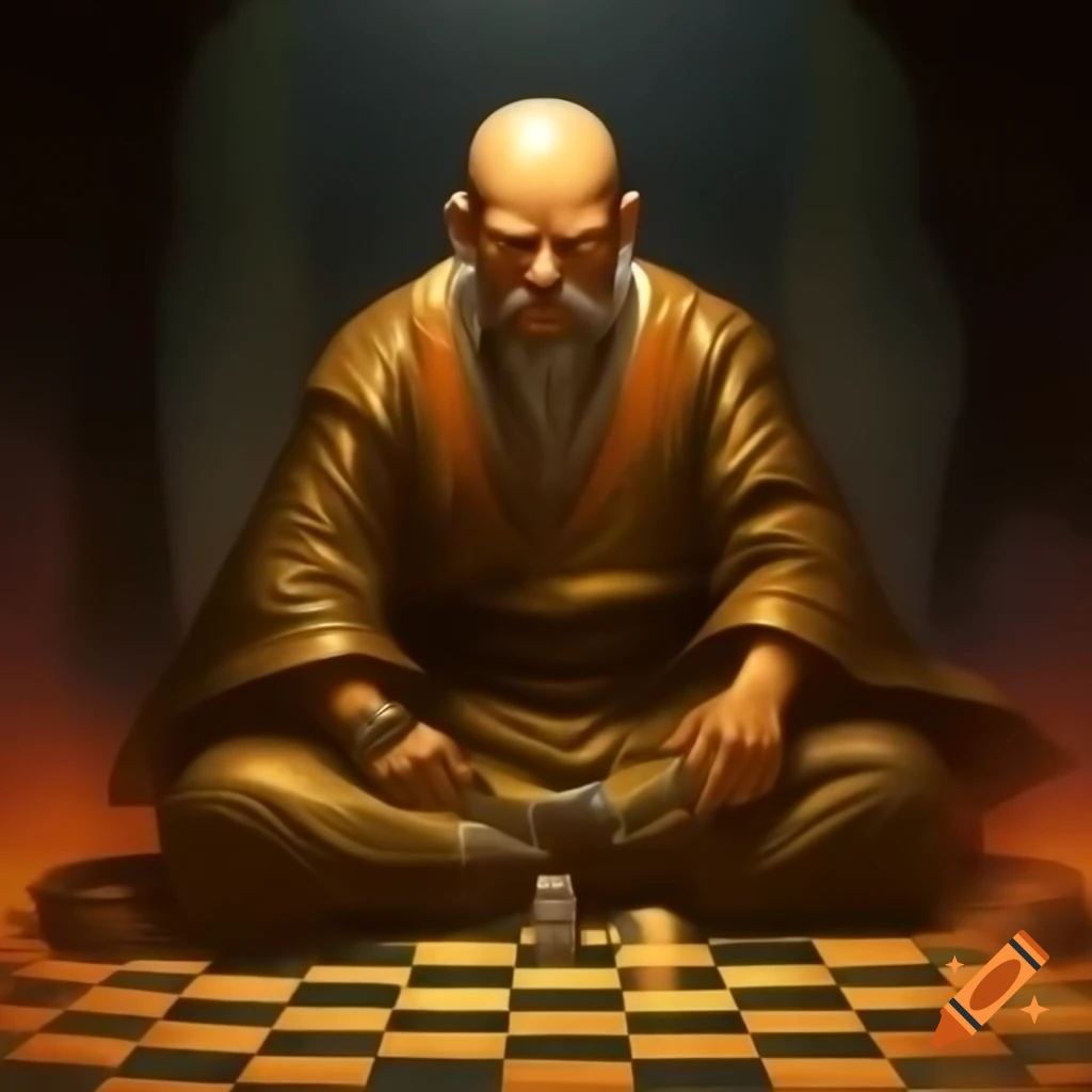 Dynamic golden age comic illustration of a bald man in a zen garden on ...