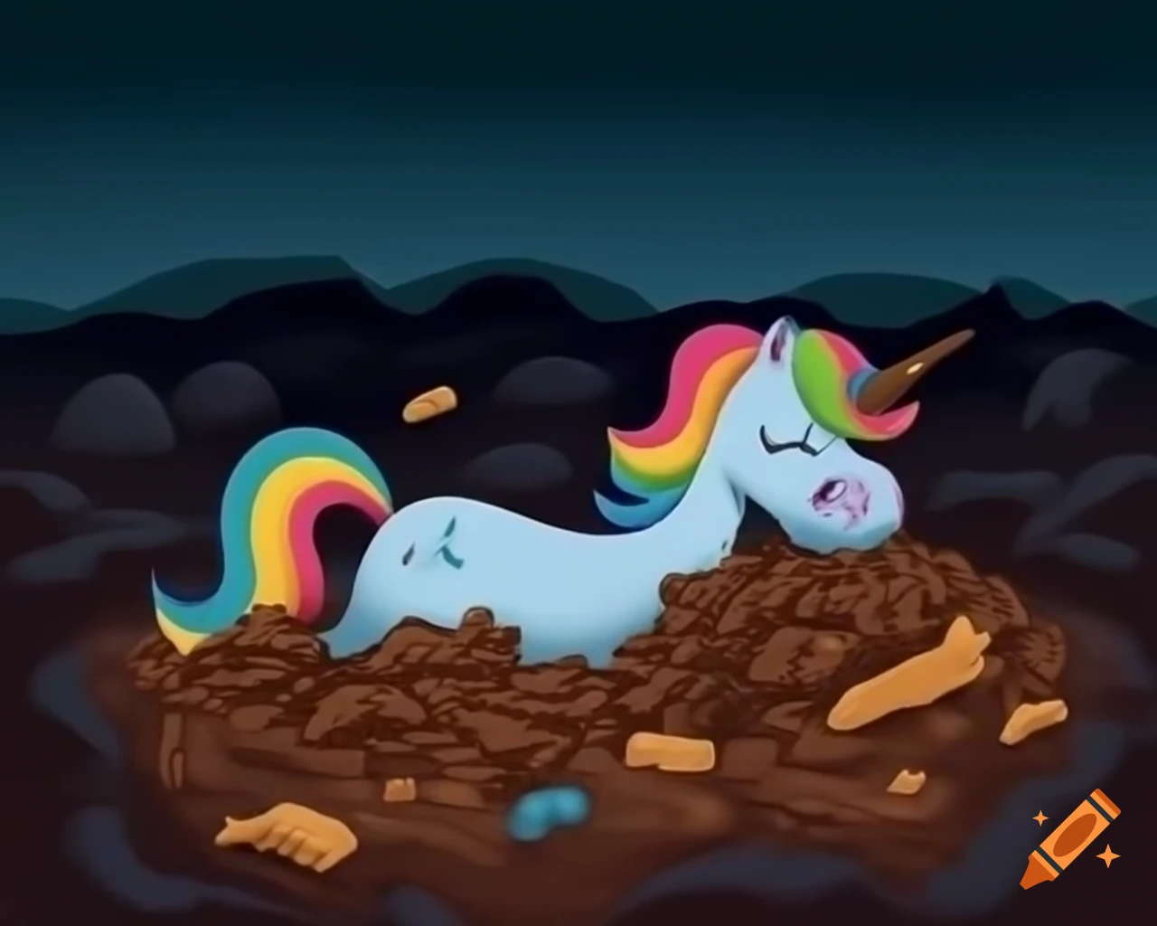 Unicorn head sinking into muddy manure in a dark night, 2D drawing on ...