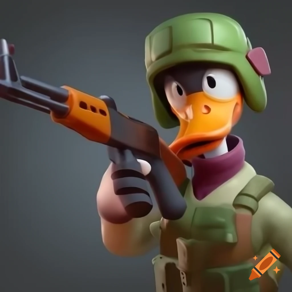 Cartoon duck holding toy AK-47, combining playful innocence with ...