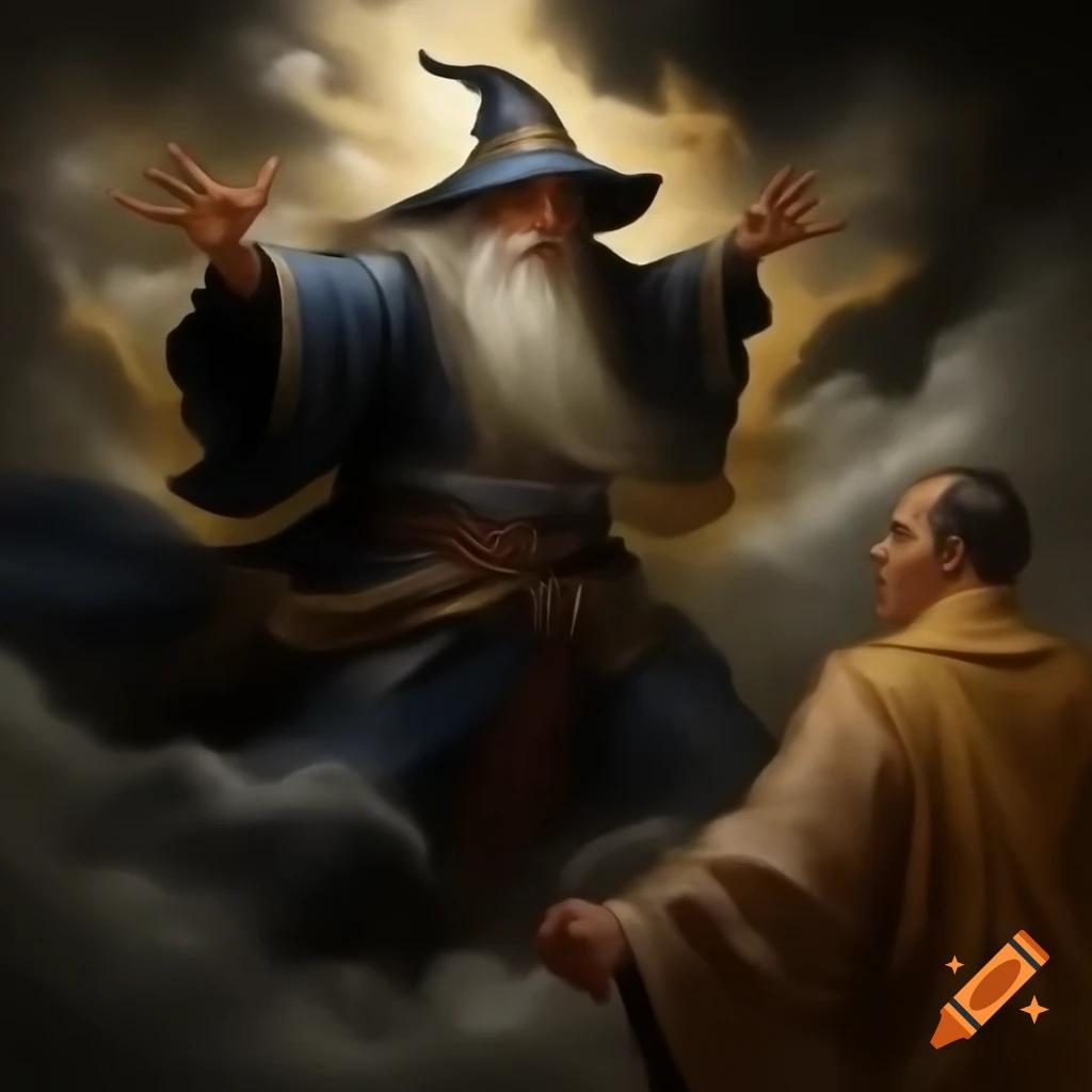 Wizard soaring above another in Oriental painting style, billowing ...