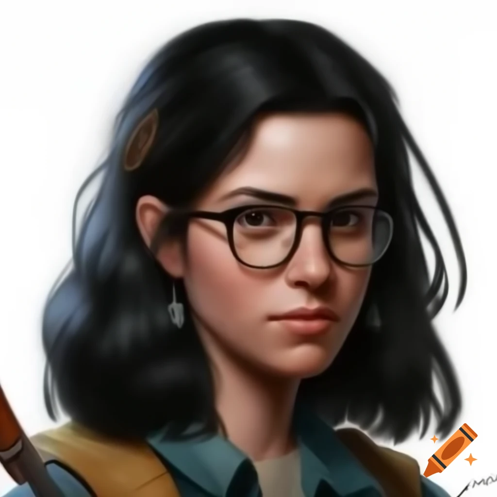 Realistic drawing of woman archaeologist with black hair and glasses in ...