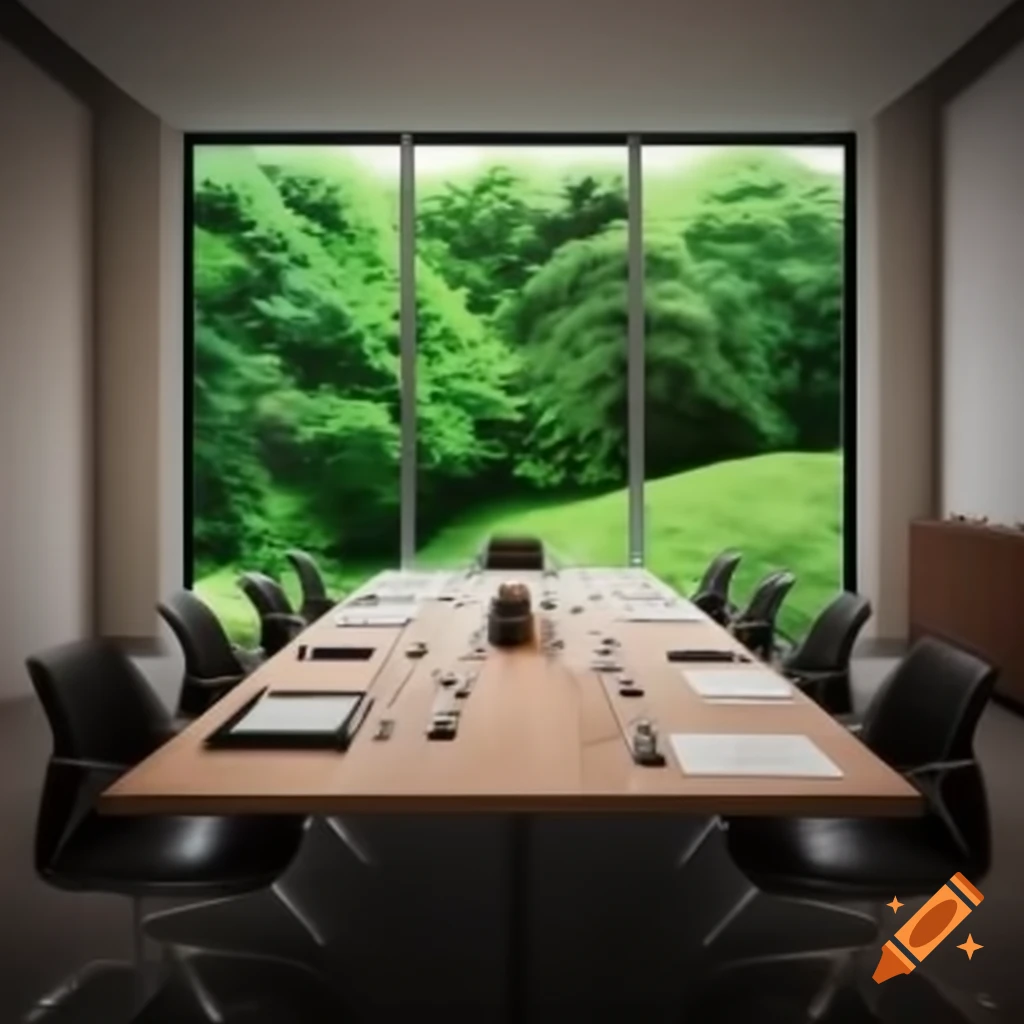 Modern boardroom with 9 comfortable chairs and window showing green ...