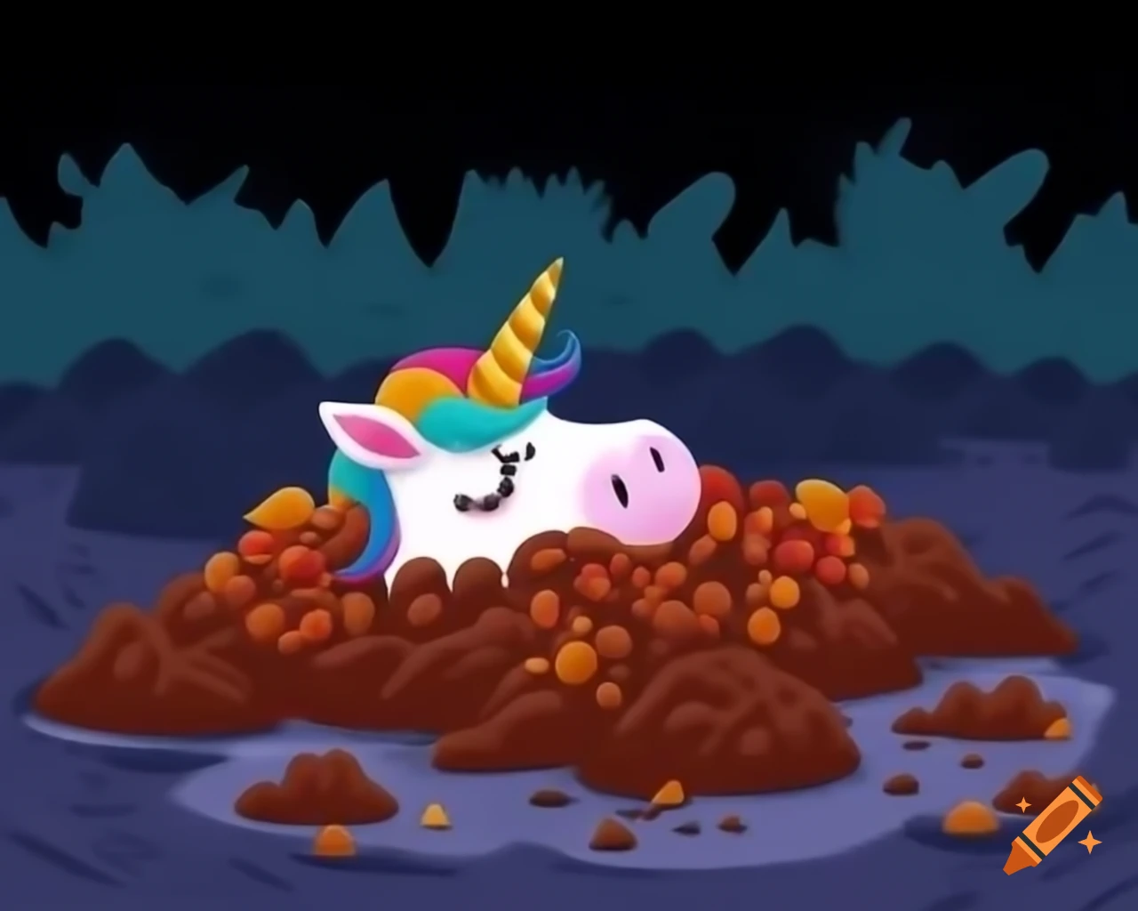 Unicorn head sinking into muddy manure in a 2D colored drawing at night ...