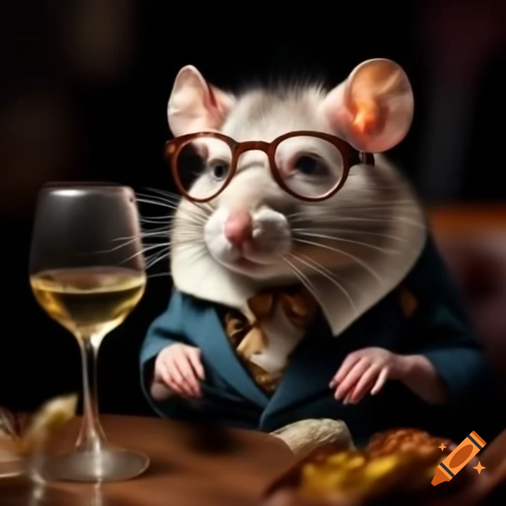 Stylish female rat with blonde fur and glasses holding glass of wine on ...