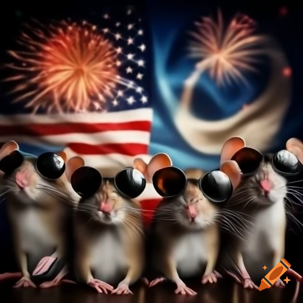 Four mice with black sunglasses watching Independence Day fireworks on ...