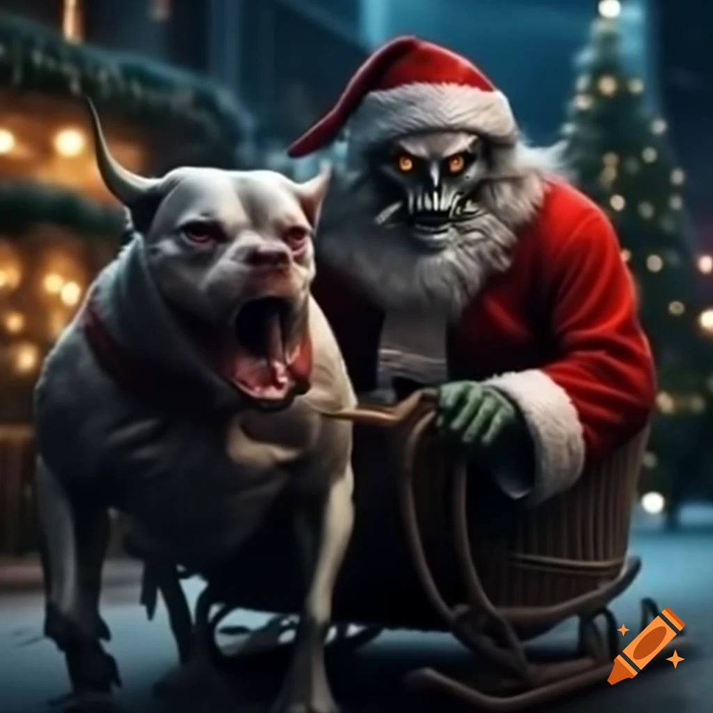 Zombie Santa Claus with mutant pit bulls pulling sled on Christmas ...