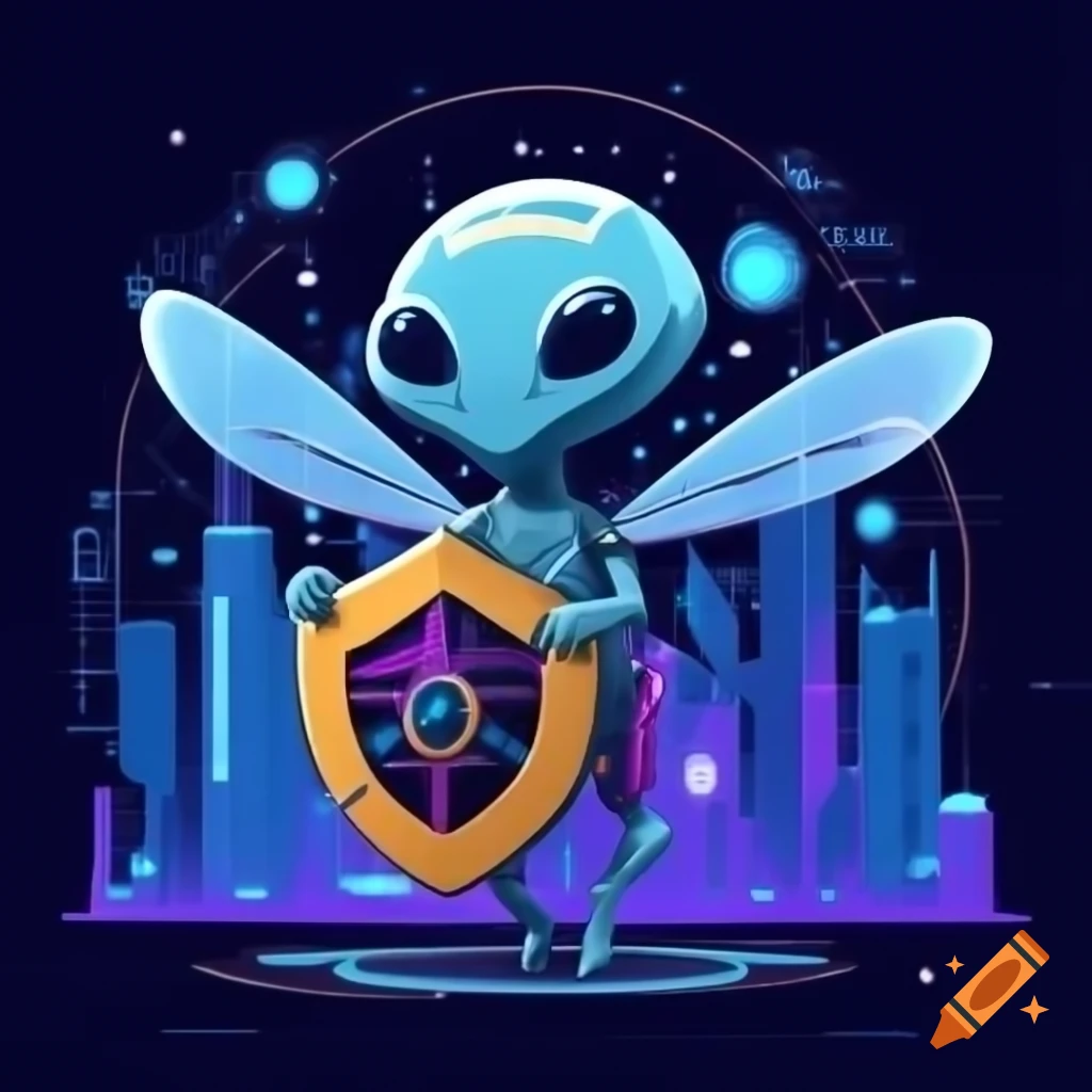 Alien-fly with cyber shield and wings in futuristic tech city on Craiyon