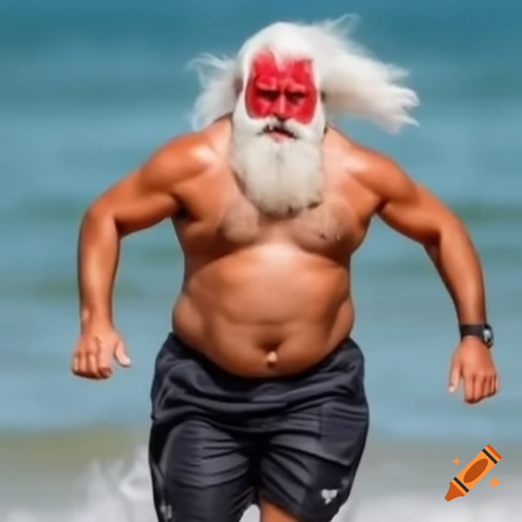 Big man with white beard and red face sweating in bathing shorts on Craiyon