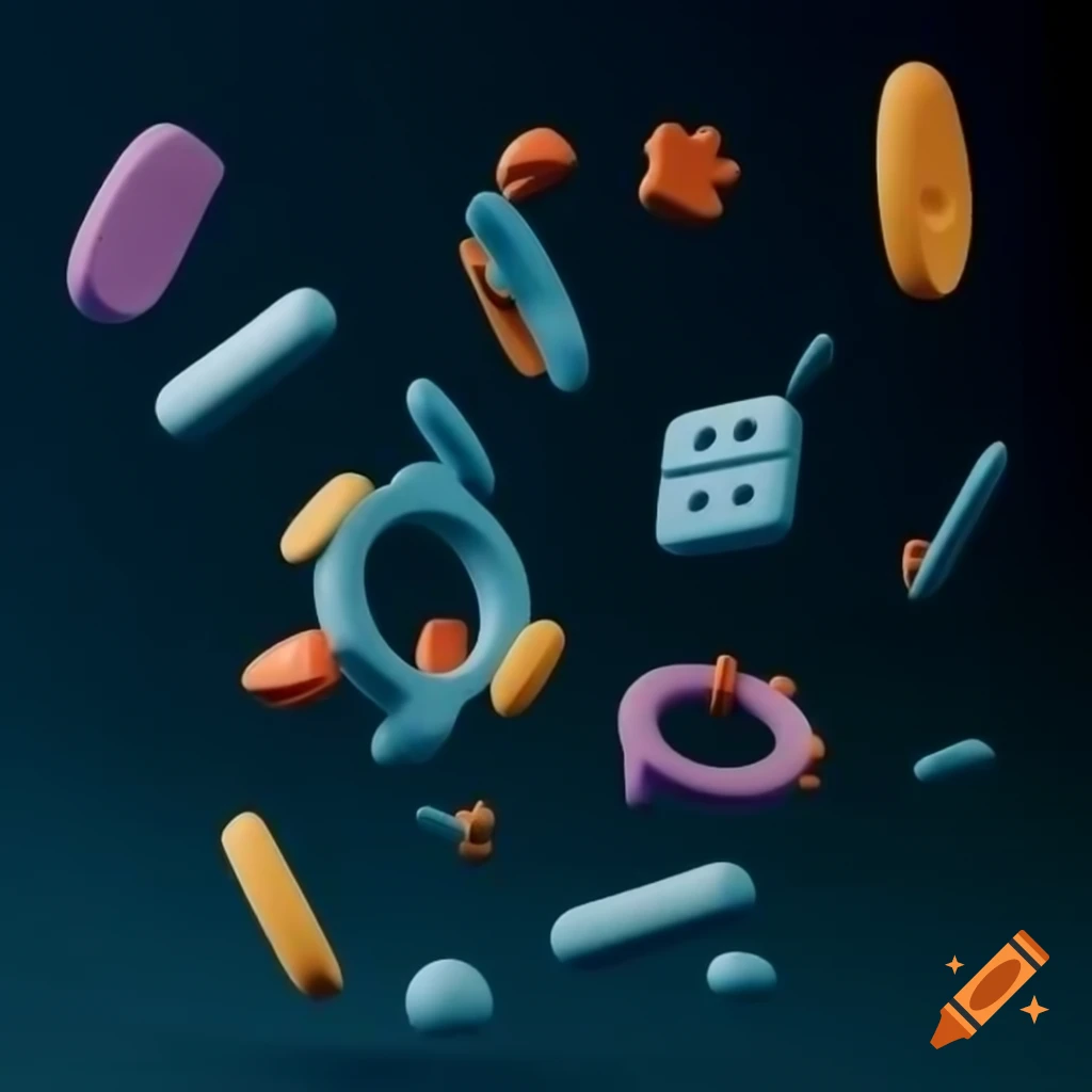 Abstract 3d graphic elements scattered across the canvas on Craiyon