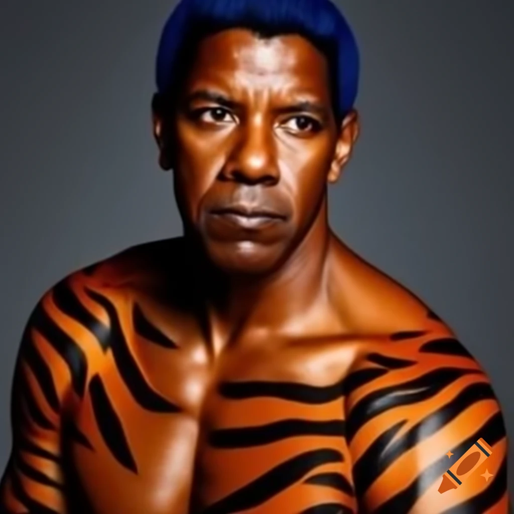 Muscular person with tiger-style makeup featuring blue hair and orange ...