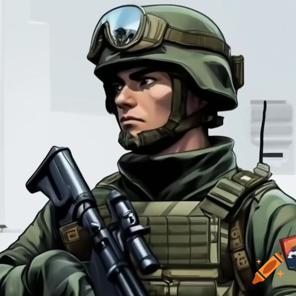 Manga style urban soldier crouched with sniper rifle, side view on Craiyon