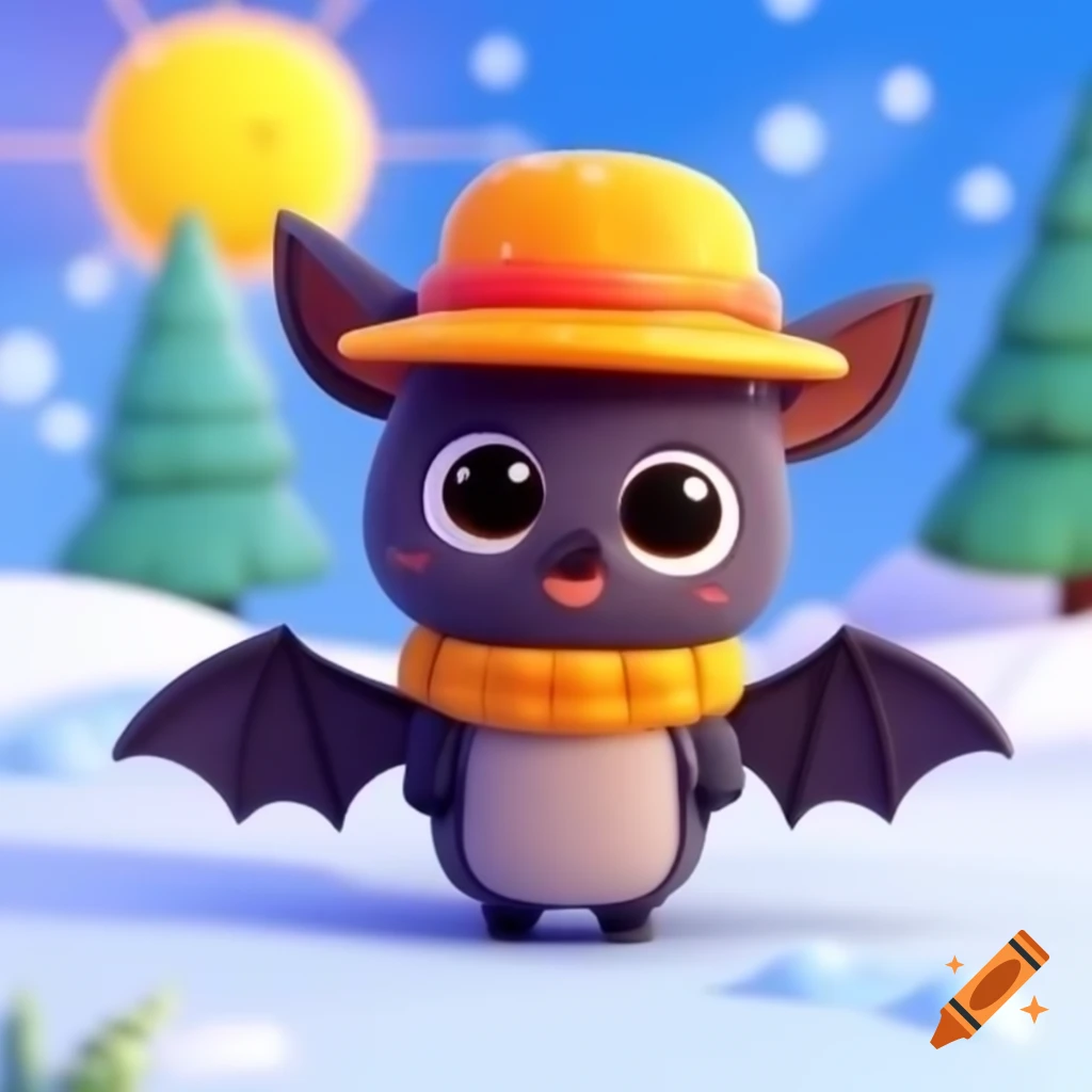 Cute cartoon bat wearing sun cap in snowy morning with sun background ...