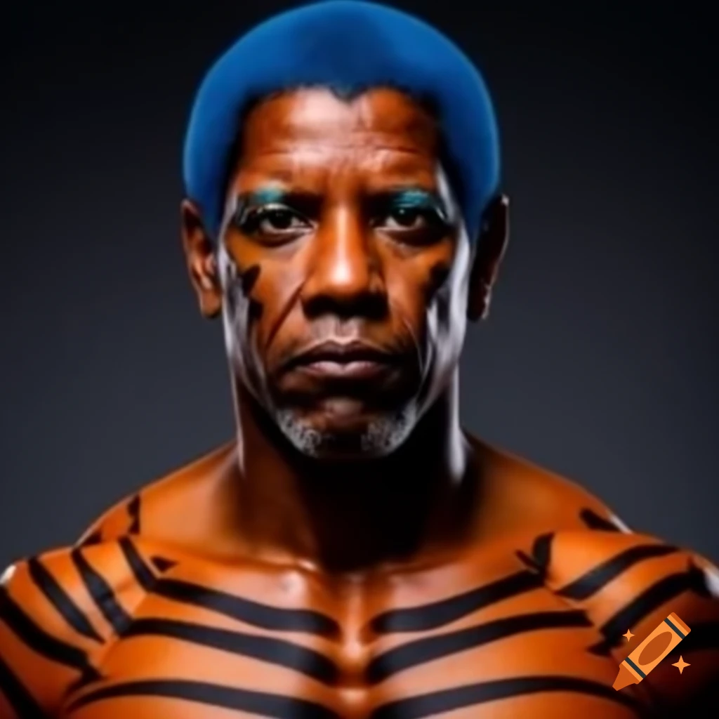 Muscular person with tiger-style makeup, blue hair and orange skin on ...