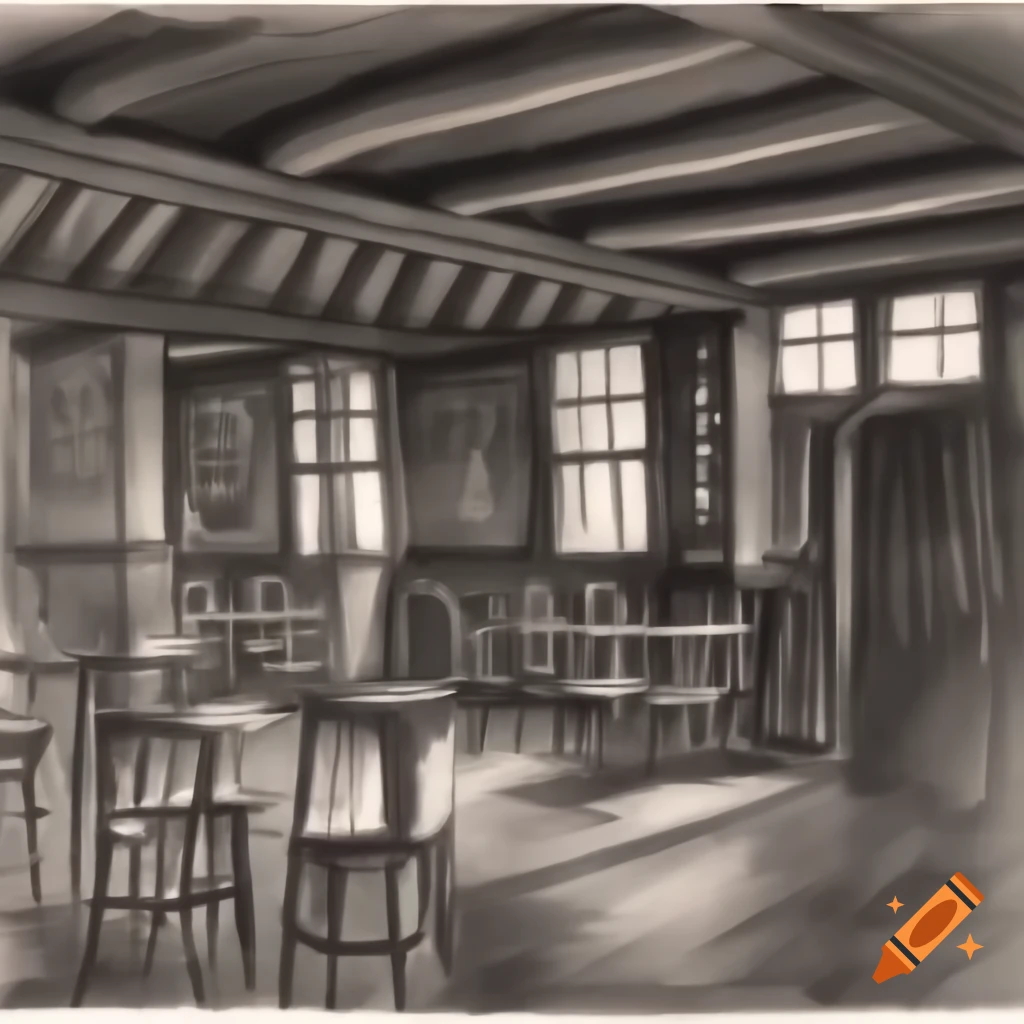 Pencil sketch of 19th-century British pub interior with rustic beams ...