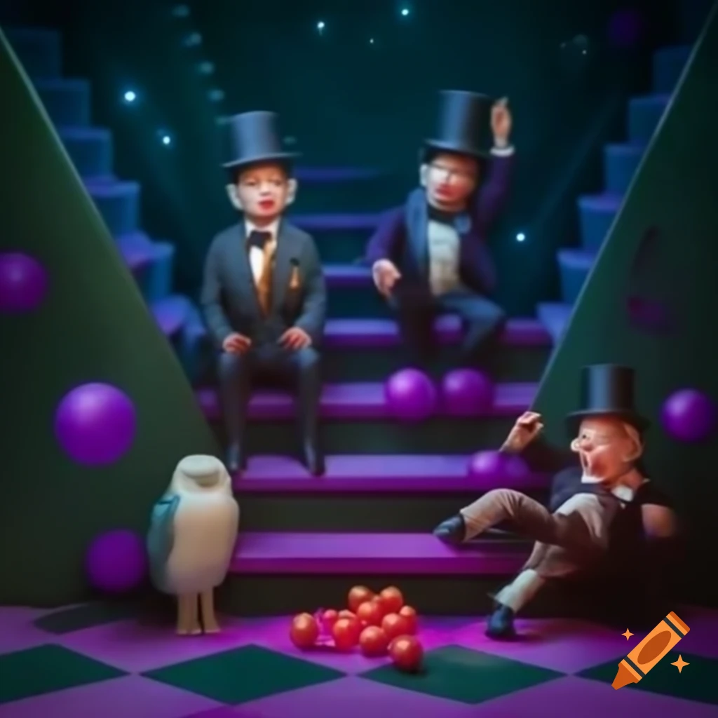 Surreal scene with gentlemen in top hats, chess, galaxies, and an owl ...