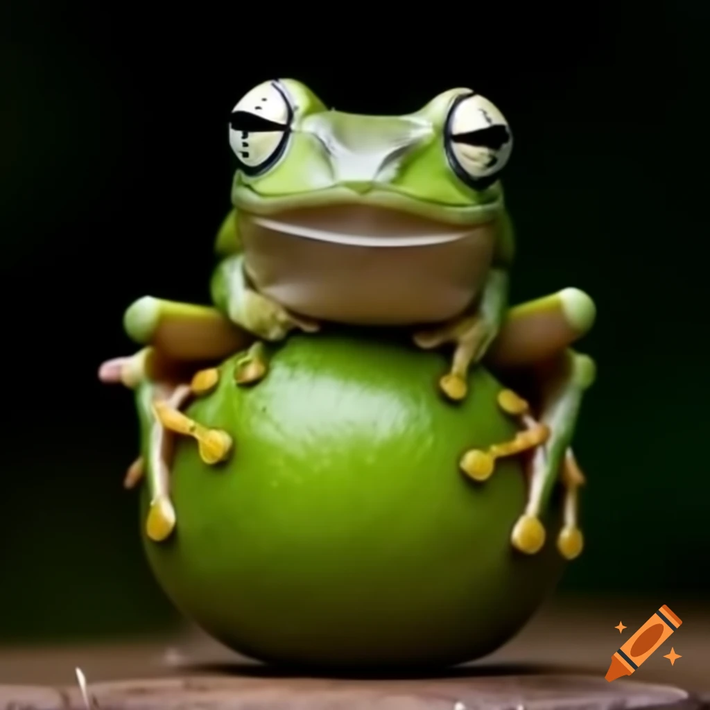 Creative concept of green olive topped with frog head on Craiyon