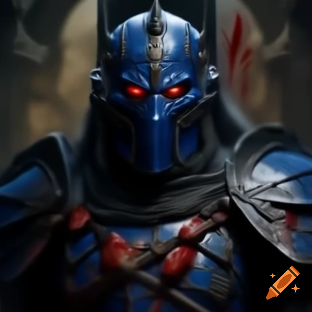 Dark warrior in cobalt armor depicting battle scars on Craiyon