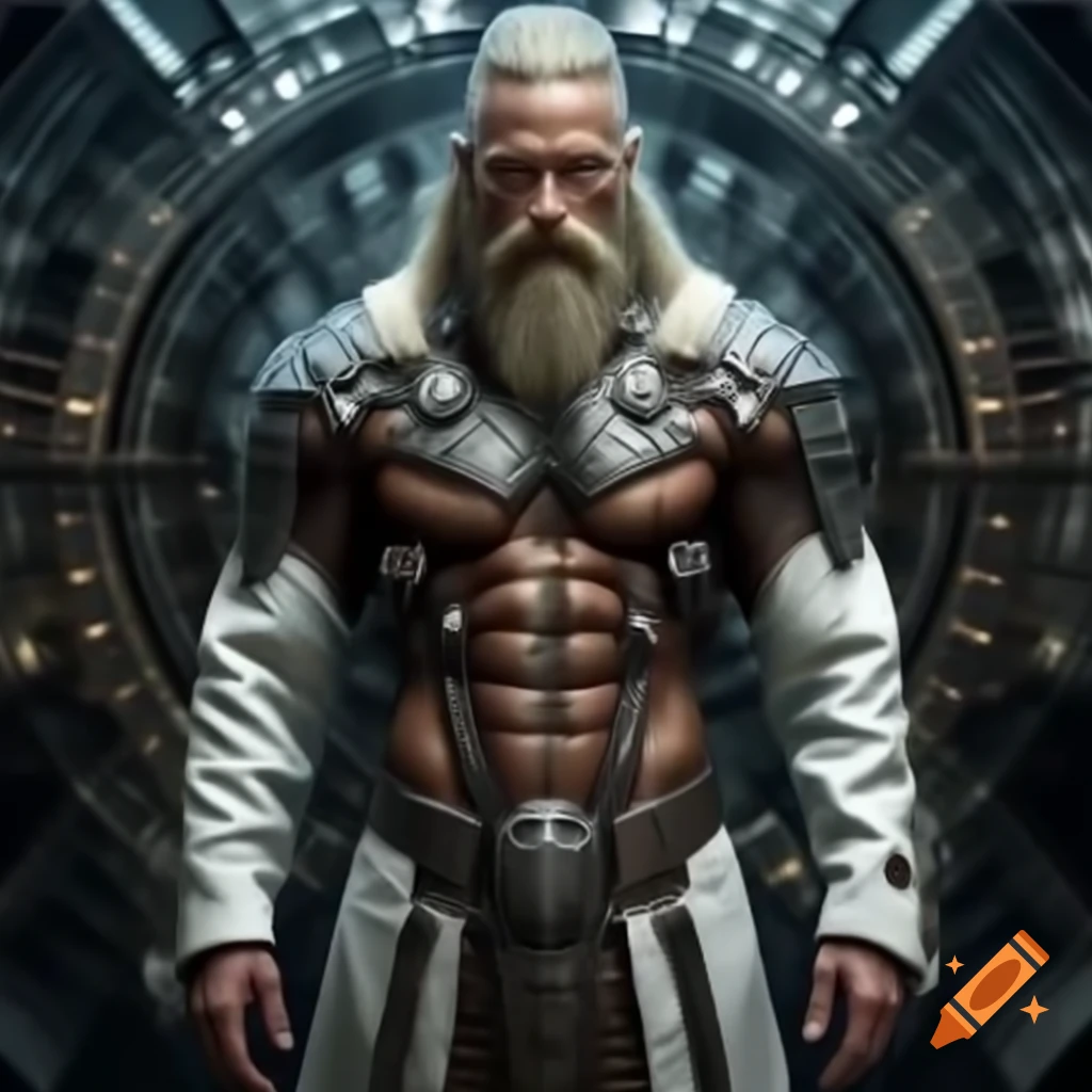 Full body image of technologically advanced Viking in lab coat with bio ...