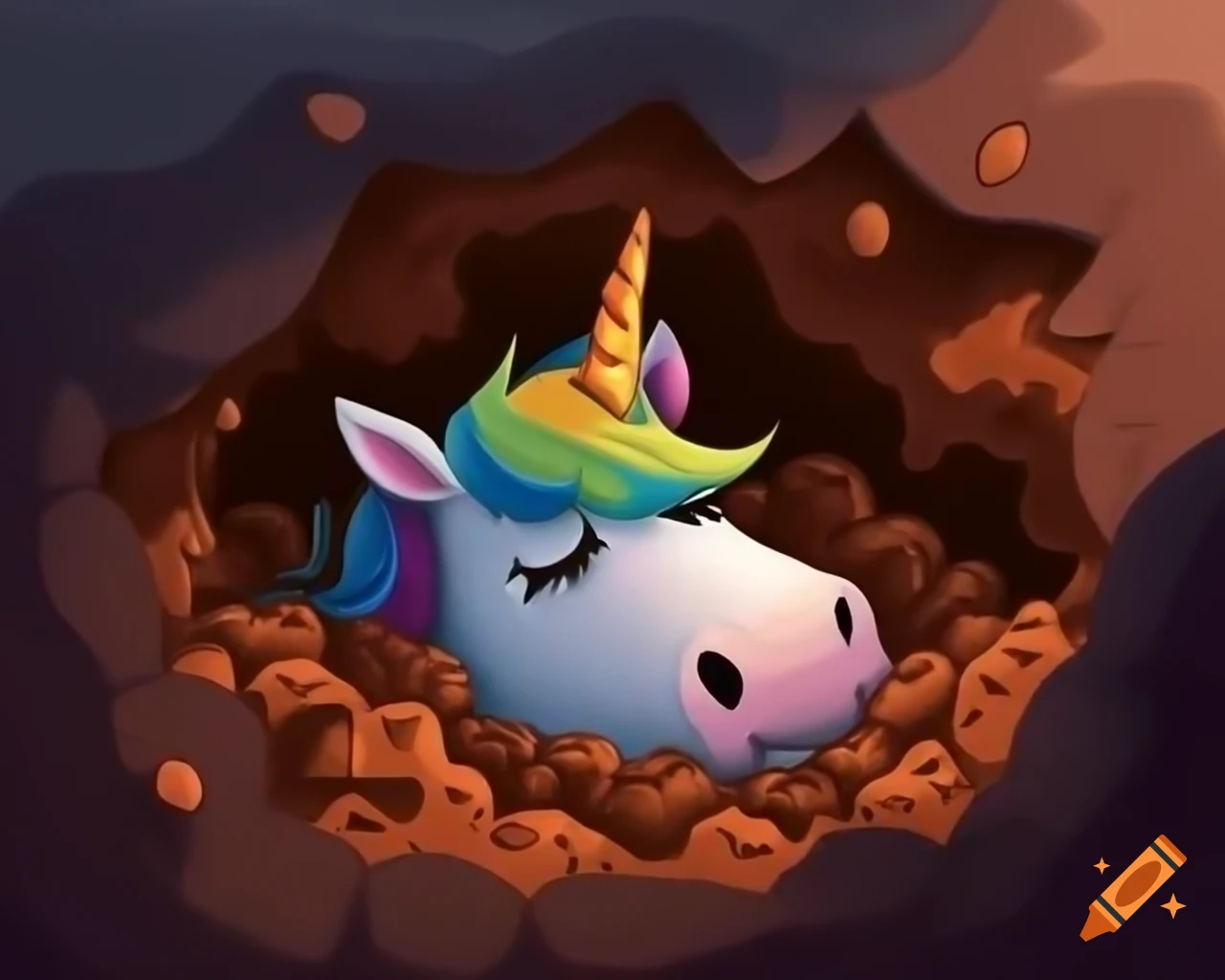 Unicorn head sinking into muddy manure in a dark 2D drawing on Craiyon