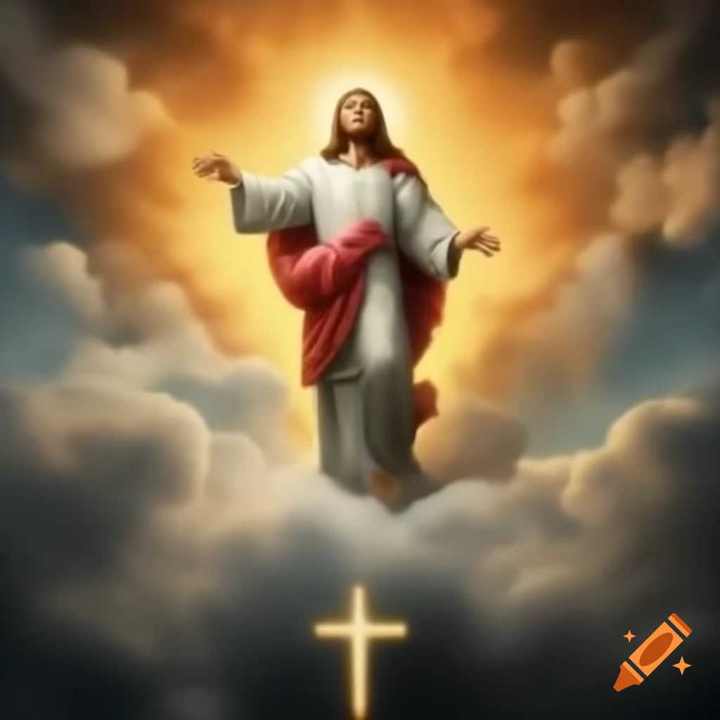 Religious depiction of jesus on clouds with cross and angelic light on ...