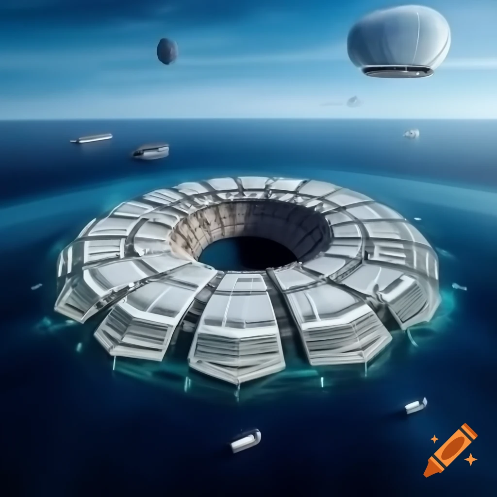 Aerial view of intricate glass mine architecture with geometric levels ...