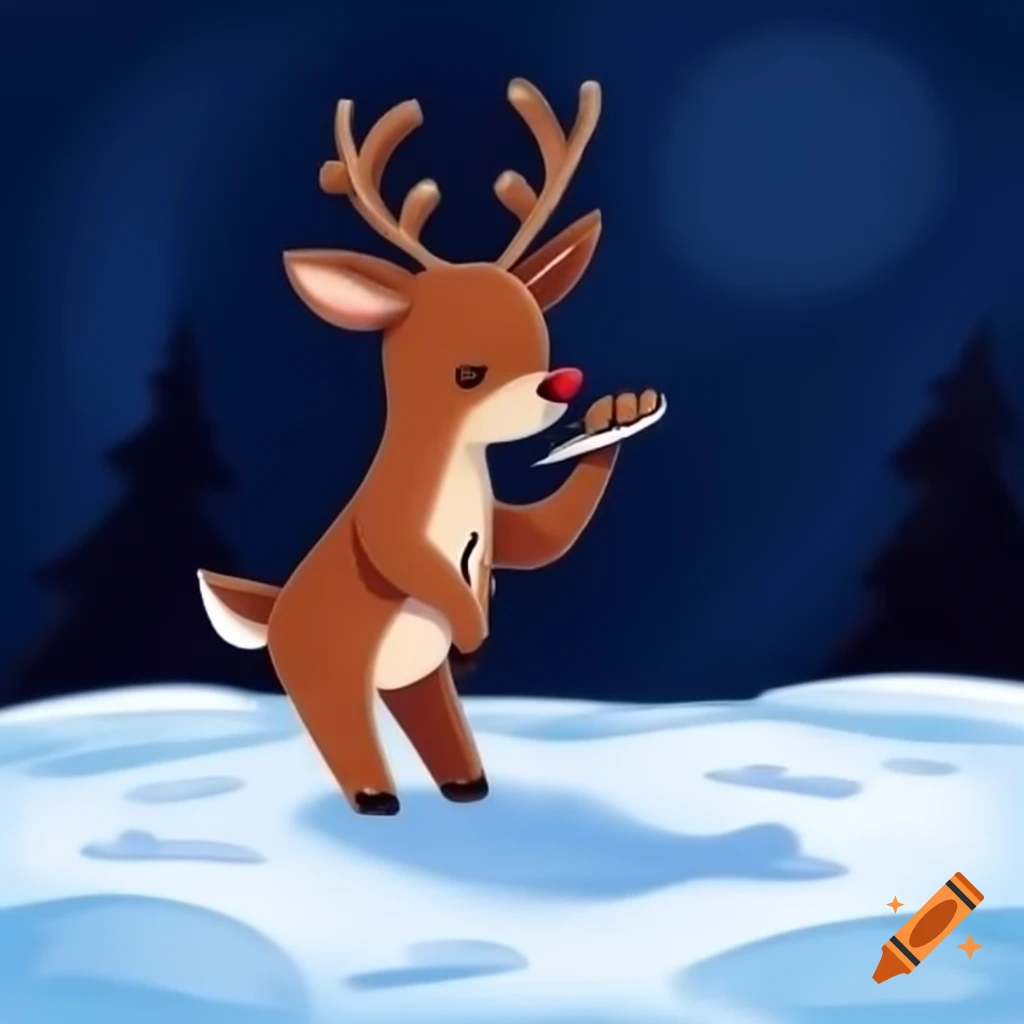 Rudolph the red-nosed reindeer eating cookies in snowy park under dark ...