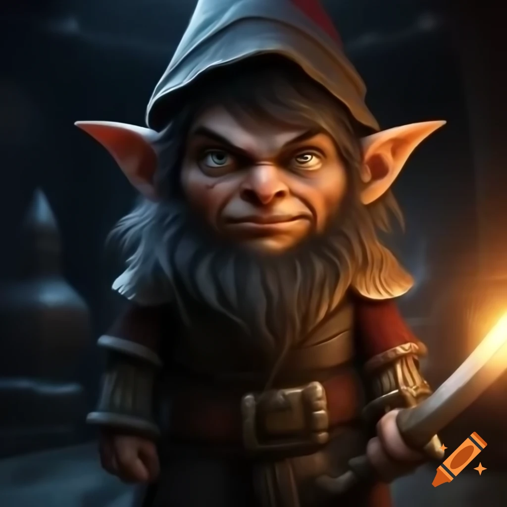 Youthful gnome warlock with unsheathed sword in dim light, stormy eyes ...