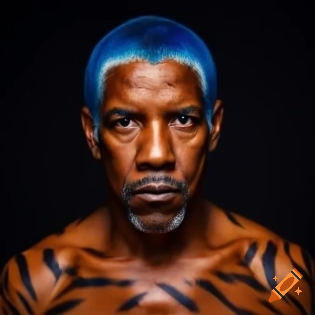 Muscular figure with tiger-style makeup and vibrant colors featuring ...