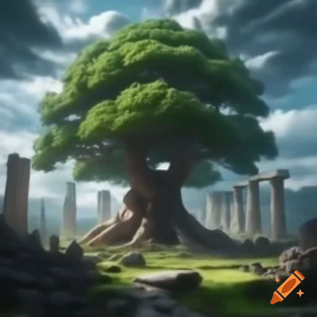 Giant tree with ancient ruins beneath on Craiyon