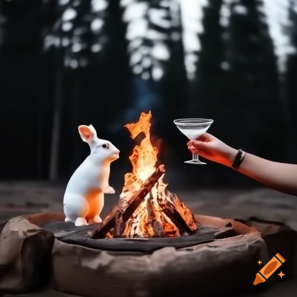 Cozy campfire with white rabbit holding martini glass in conifer forest ...