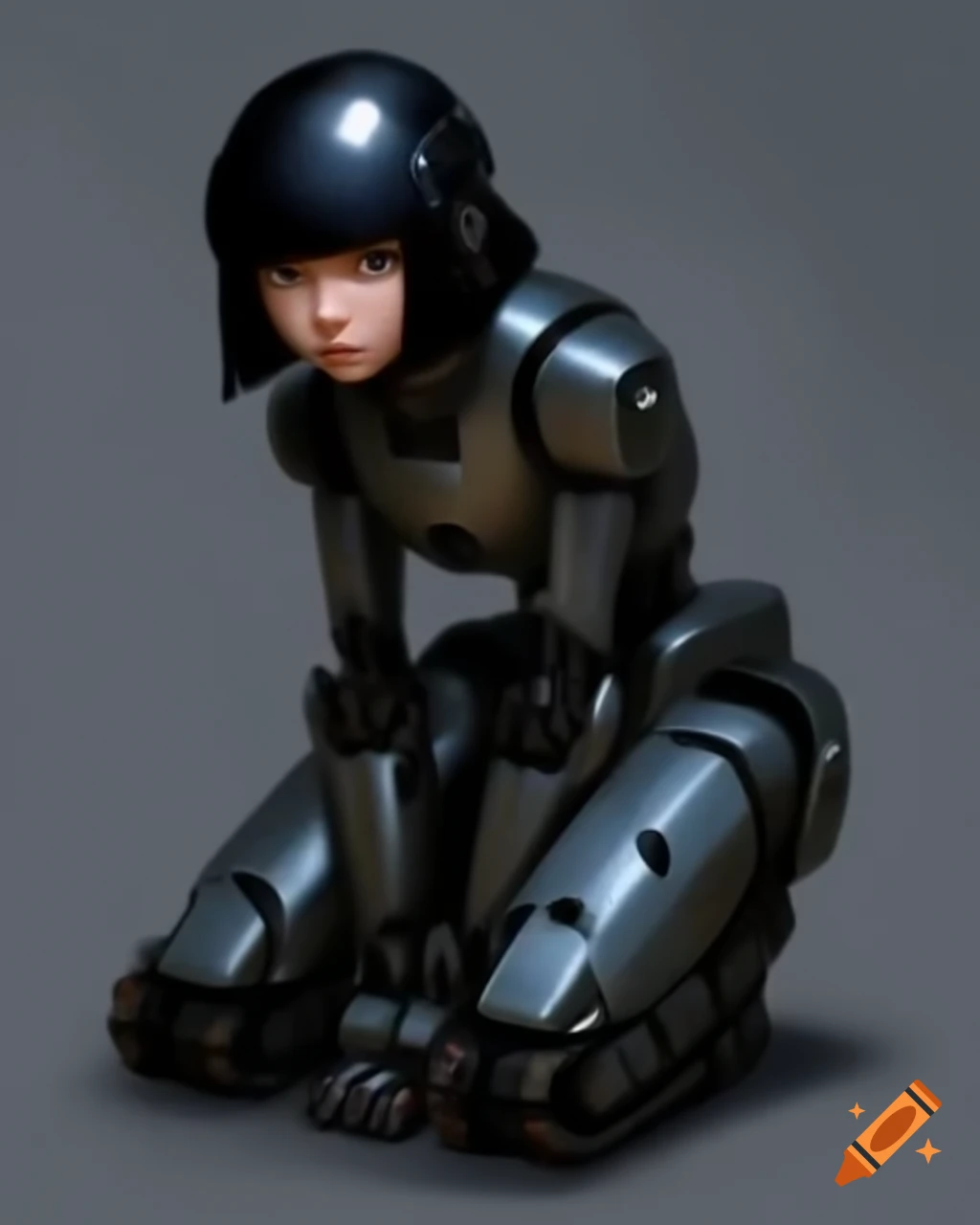 Crouching robot girl with black hair and wheels for legs on Craiyon