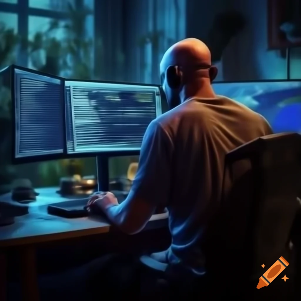 Bald male software engineer working at home with coding setup and gaming accessories on Craiyon