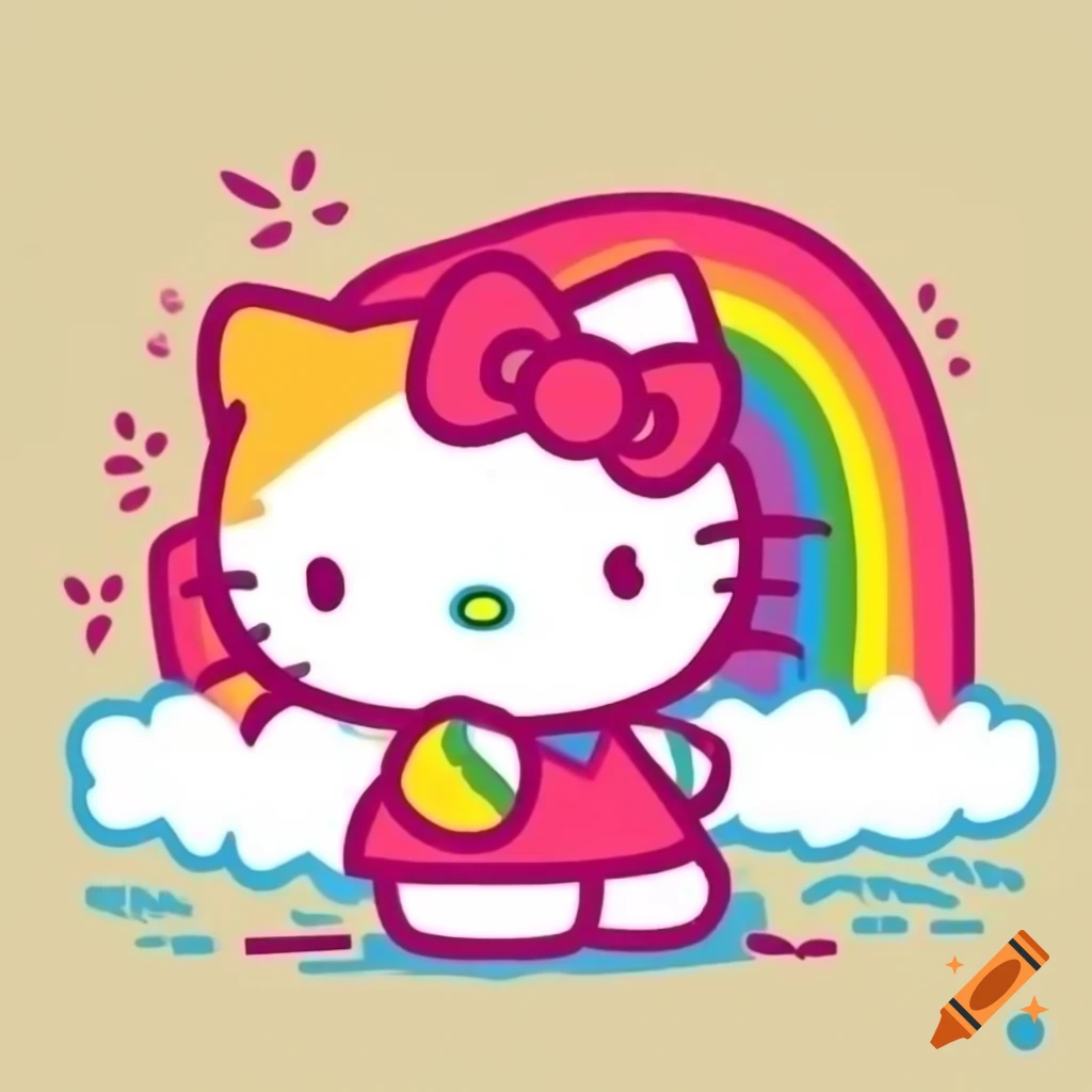 Minimalist cartoon illustration of hello kitty with a pink scarf on an ...
