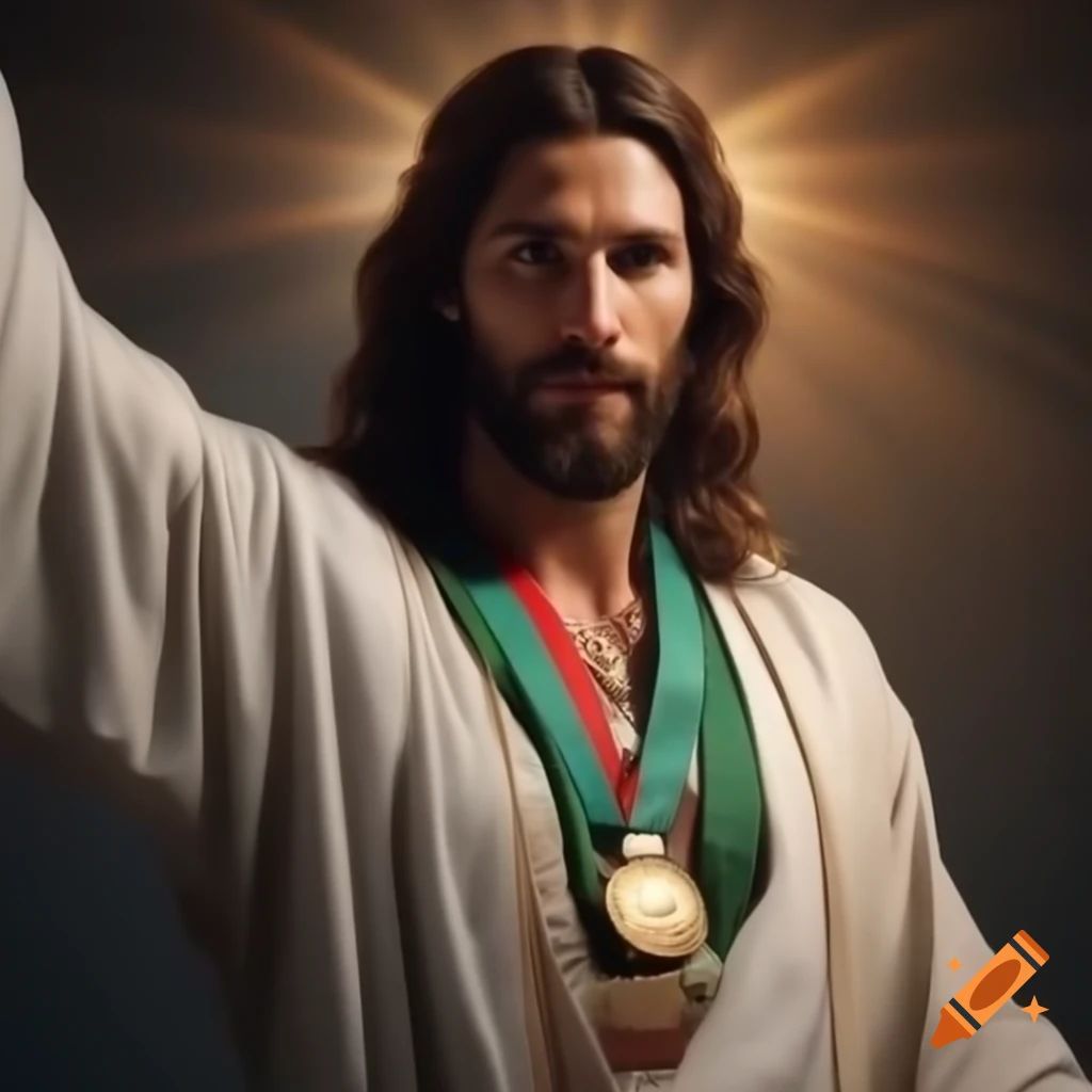 Modern depiction of Jesus in olive green and white tunic with Olympic ...