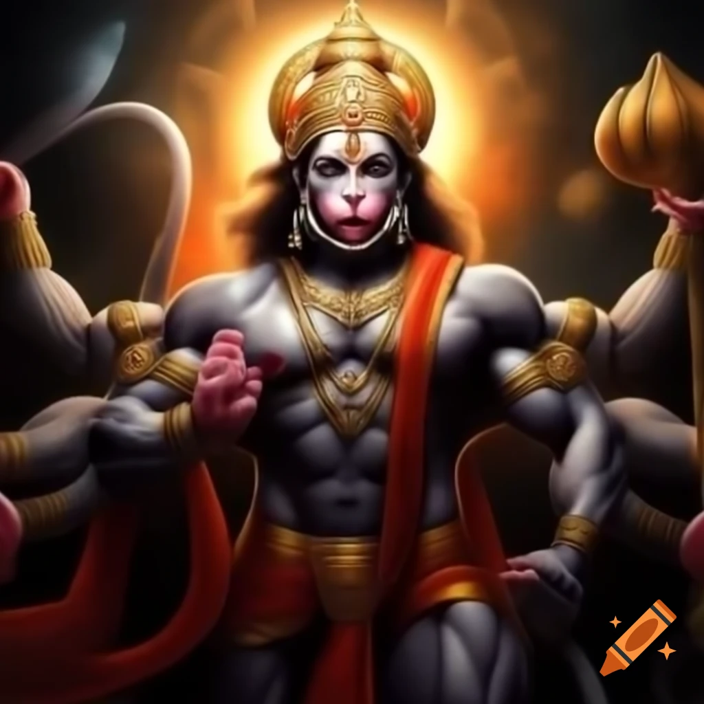 Powerful depiction of hanuman with muscular build, holding mace and ...
