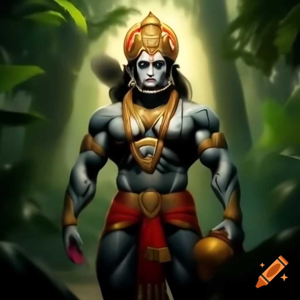 Hanuman the Monkey King in forest with Lord Yama, golden armor shining ...