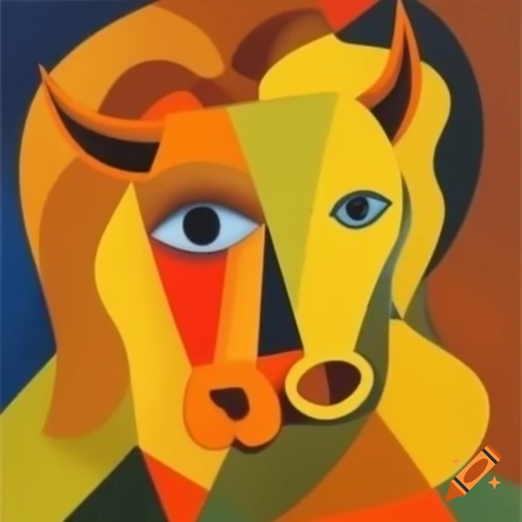 Cubist portrait blending bull and horse in yellow and orange hues on ...