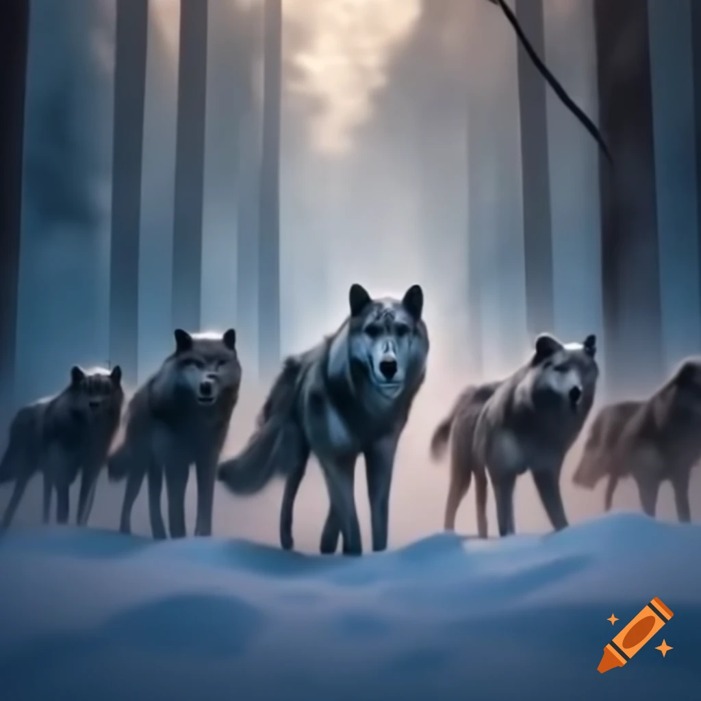 Wolves hunting deer in snowy forest, realistic animation on Craiyon