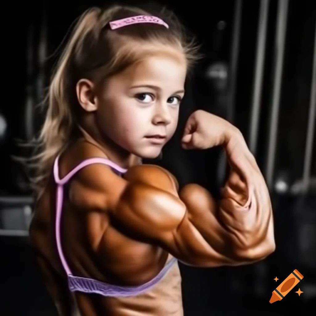 Young female bodybuilder showcasing strong biceps with visible veins on ...