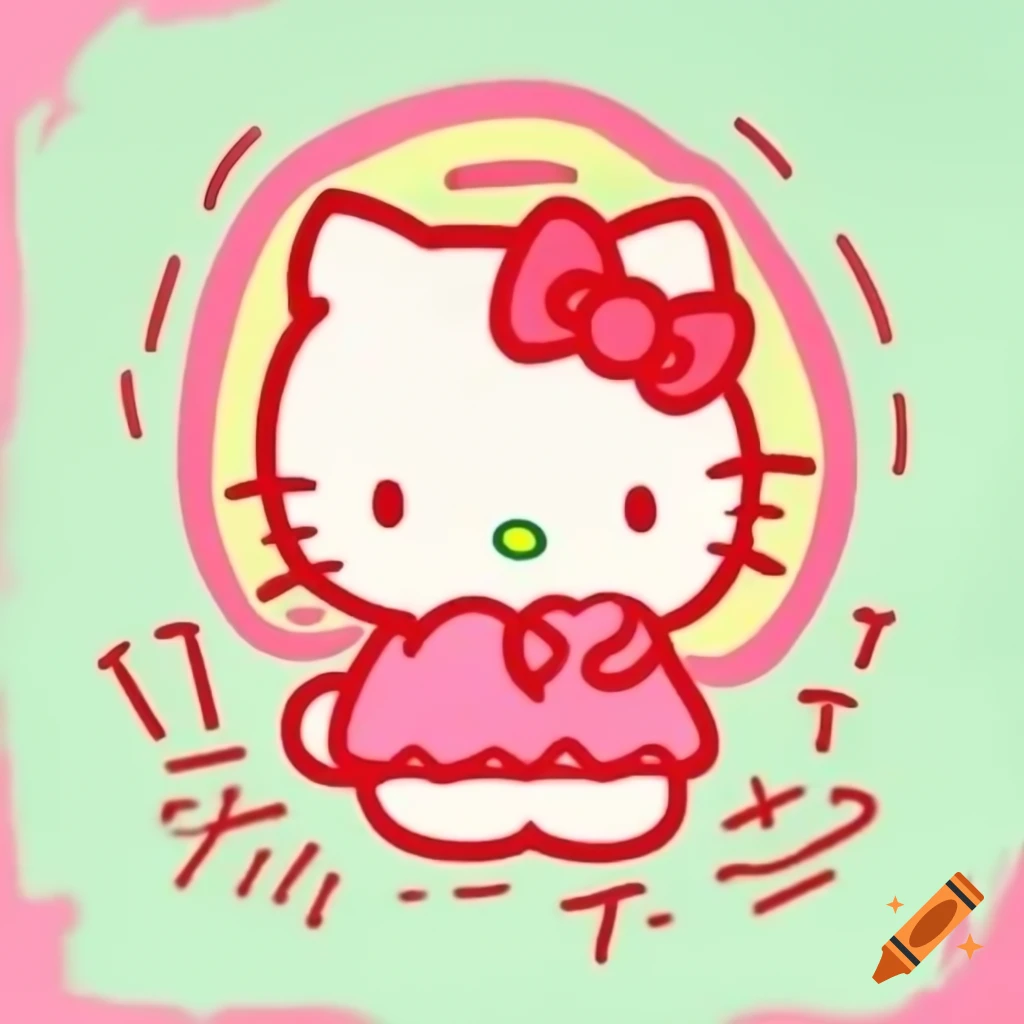 Minimalist cartoon illustration of a colorful Hello Kitty with a fluffy ...