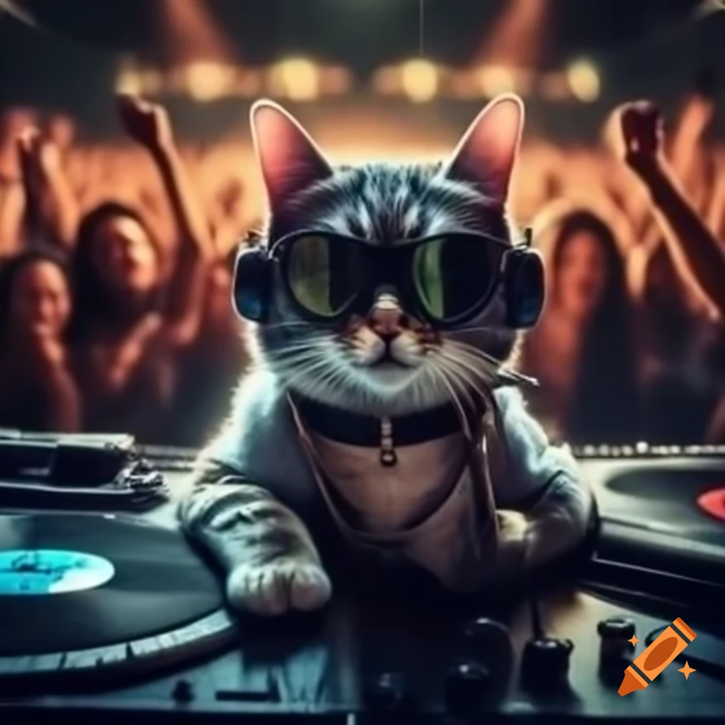 Cat in sunglasses and hat DJing at a rave with excited crowd on Craiyon