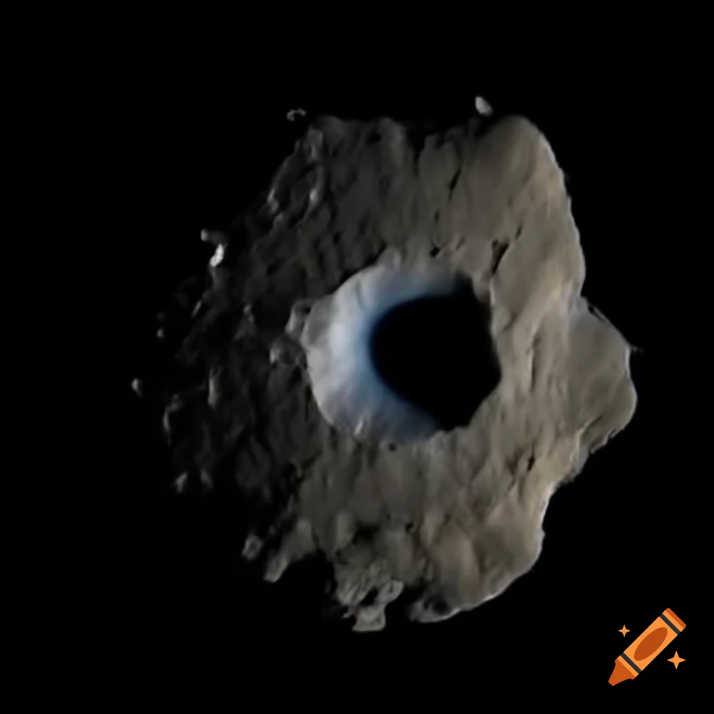 Small planetoid in space with starbase in crater half in shadow on Craiyon