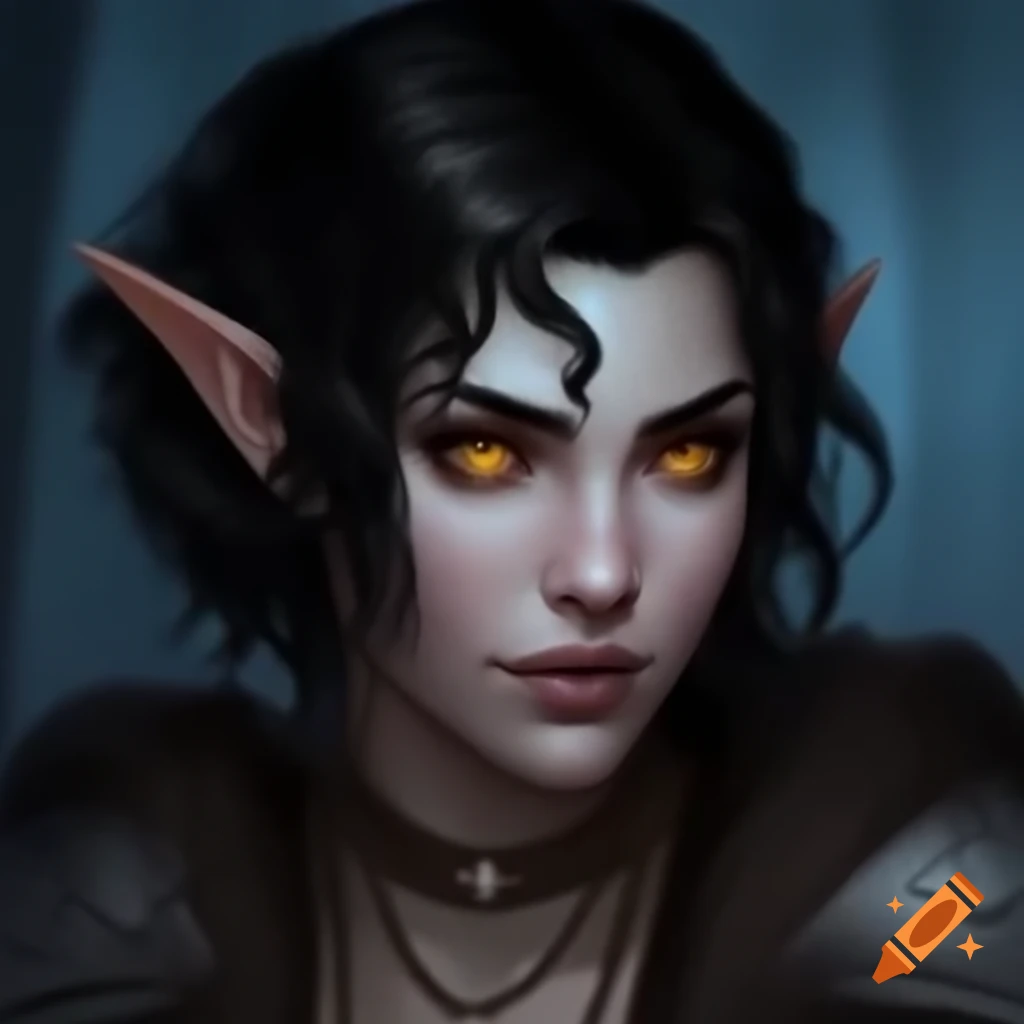 Half-elven female archer with black hair and amber eyes in leather and chain armor, smirking on ...