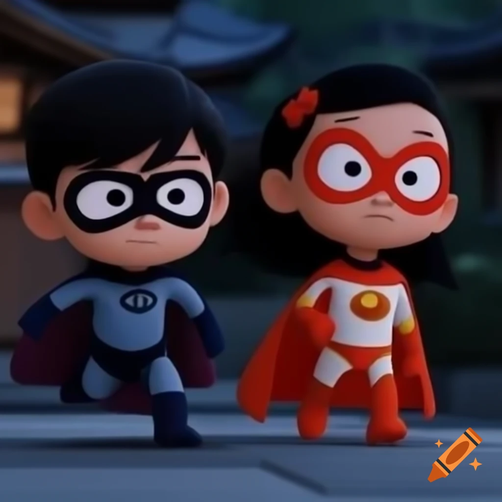 Superhero boy alongside his Japanese girl sidekick on Craiyon