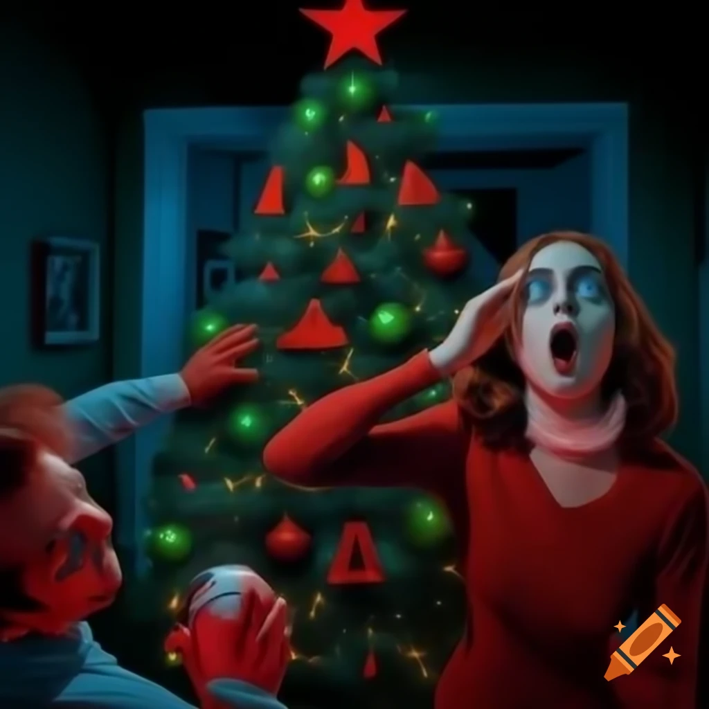 Horror movie poster featuring couple chased by killer Christmas tree on ...